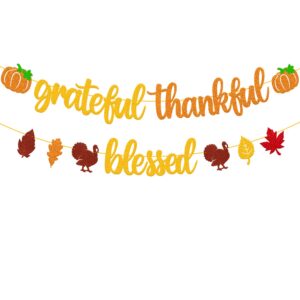 grateful thankful blessed banner fall autumn leaves turkey thanksgiving day theme for happy thanksgiving party supplies glitter gold decorations