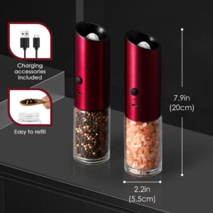 Vzaahu Gravity Electric Pepper and Salt Grinder Set of 2 - Rechargeable, Refillable, Adjustable Coarseness, Stainless Steel Salt Pepper Mill with LED light - One Hand Operation (Red)