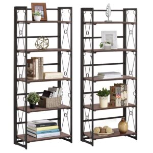 VECELO Bookshelf, 5 Shelf Folding Bookcase No Assembly, Industrial Metal Freestanding Shelves Rack Organizer for Living Room, Office, Bedroom, Kitchen, Set of 2, Dark Brown