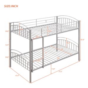 Twin Over Twin Metal Bunk Beds, Convertible Bunk Bed Divided into Two Beds for Kids Boys Girls Teens, Silver