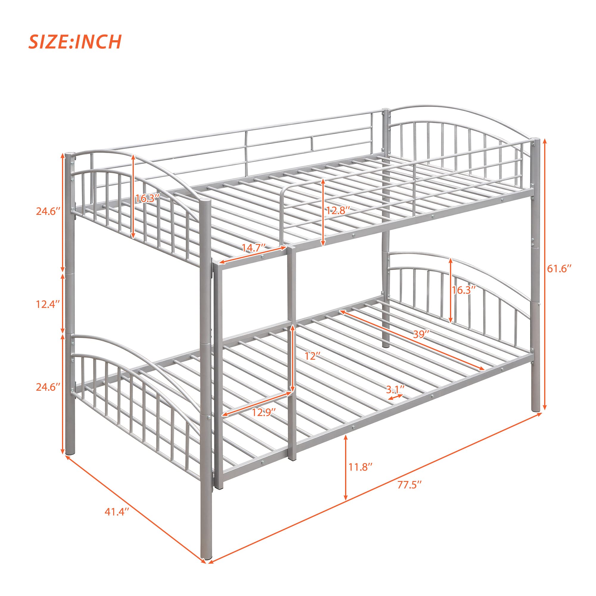 Twin Over Twin Metal Bunk Beds, Convertible Bunk Bed Divided into Two Beds for Kids Boys Girls Teens, Silver