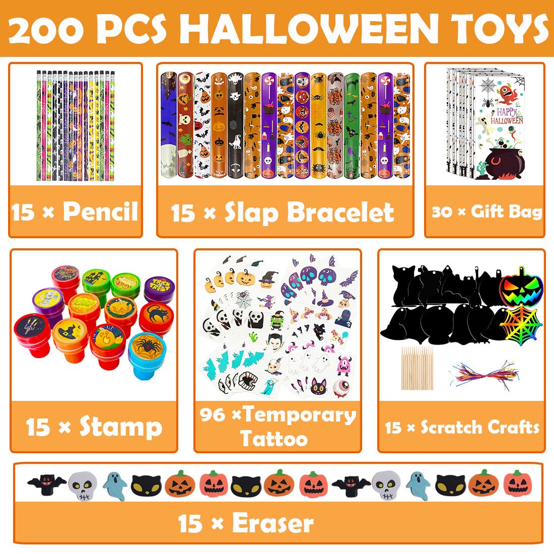 WOONOO 200 PCS Halloween Goodie Bag Fillers Stationery Set, Assorted Halloween Party Favors for Kids, Kids Halloween Toys Bulk Non Candy Halloween Treats Pencils, Eraser, Stamps, Slap Bracelets