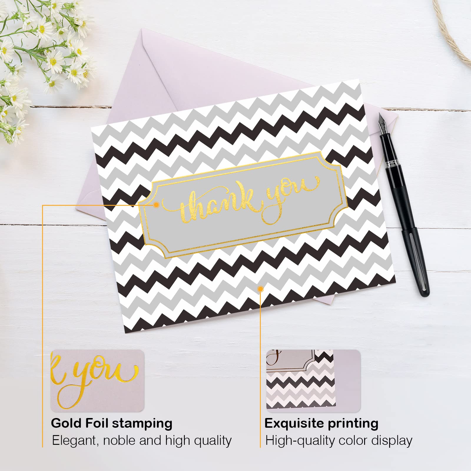 Thank You Cards Set with Envelopes (Black,white ,wavy stripes 48pcs)