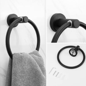 NearMoon 3 Pieces Bathroom Hardware Set, Bath Towel Ring and 2 Towel Hooks- Stainless Steel Hand Towel Hanger and Robe Hooks Accessories, Wall Mounted (Matte Black)