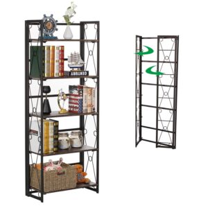 vecelo bookshelf, 5 shelf folding bookcase no assembly, industrial metal freestanding shelves rack organizer for living room, office, bedroom, kitchen, set of 2, dark brown