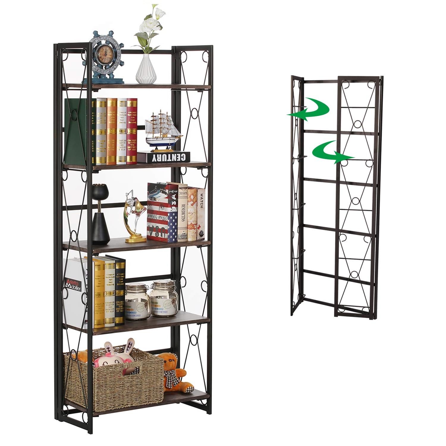 VECELO Bookshelf, 5 Shelf Folding Bookcase No Assembly, Industrial Metal Freestanding Shelves Rack Organizer for Living Room, Office, Bedroom, Kitchen, Set of 2, Dark Brown