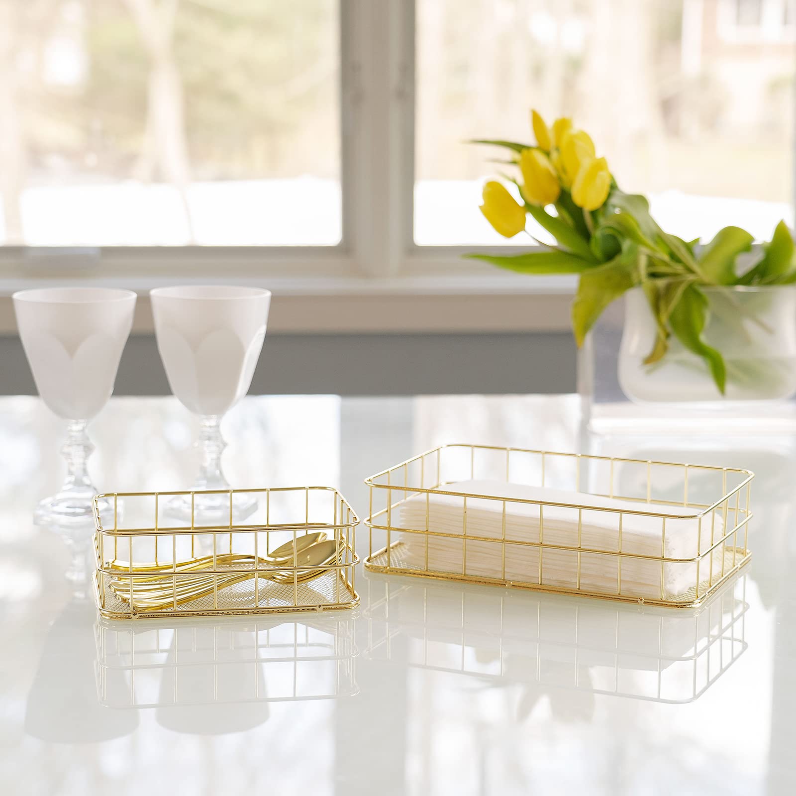 Set of 2 Nested Classic Gold Mesh Wire Basket Trays for Storage and Organizing (Medium: 9.6” X 6.4”; Small: 6.7" ×4.7")