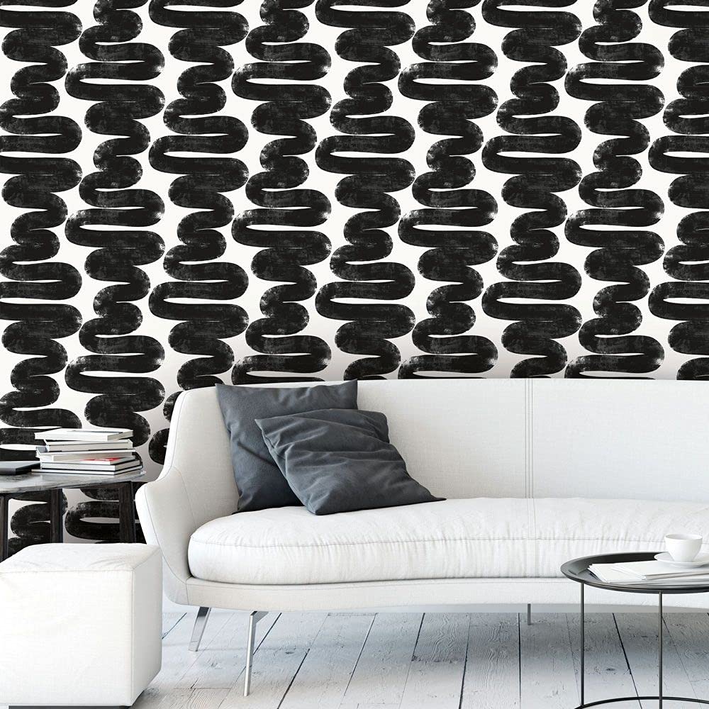 Tempaper x Bobby Berk White & Black Wiggle Room Removable Peel and Stick Wallpaper, 20.5 in X 16.5 ft, Made in The USA