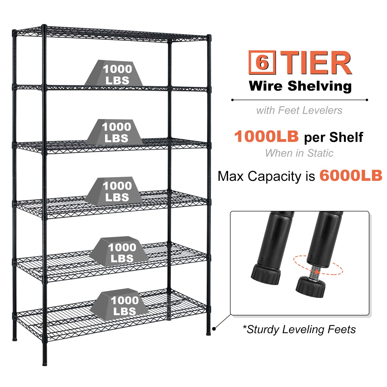 Meet perfect 6-Tier Steel Wire Shelving Unit NSF Heavy Duty 6000 LB Capacity Adjustable Storage Rack for Laundry Pantry Kitchen Closet Wire Rack in Black 1 Pack, 18" L x 48" W x 72" H