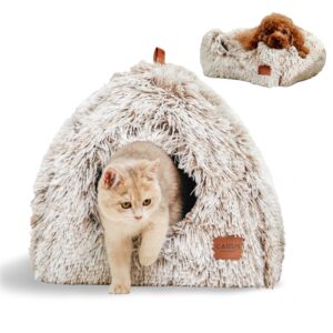 catism cat bed, cat cave for indoor cats, soft cat dome, self-warming 2 in 1 foldable pet cat house with washable cushioned pillow calming fluffy dog beds for small dogs with anti-slip bottom brown