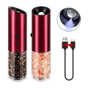 vzaahu gravity electric pepper and salt grinder set of 2 - rechargeable, refillable, adjustable coarseness, stainless steel salt pepper mill with led light - one hand operation (red)