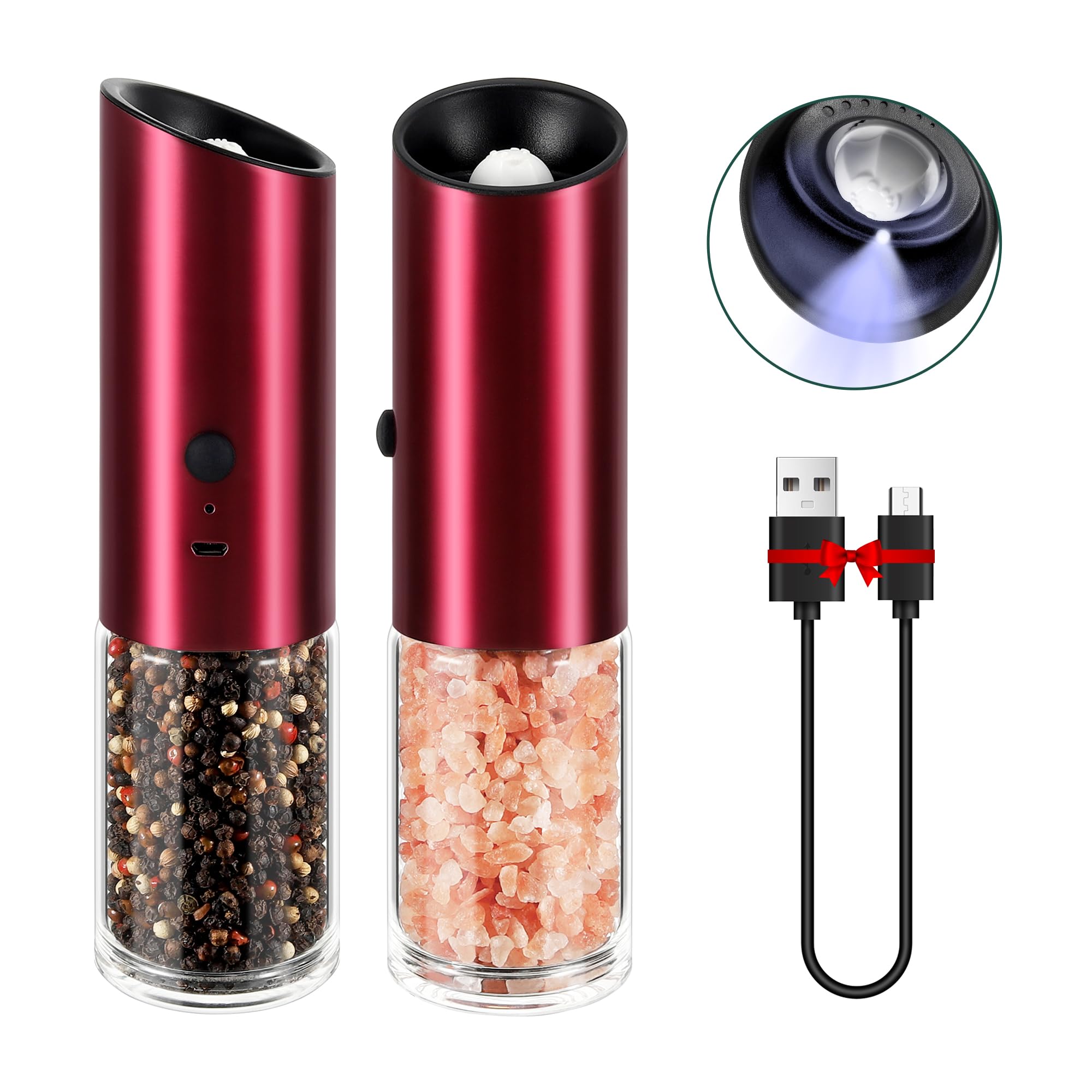 Vzaahu Gravity Electric Pepper and Salt Grinder Set of 2 - Rechargeable, Refillable, Adjustable Coarseness, Stainless Steel Salt Pepper Mill with LED light - One Hand Operation (Red)