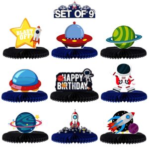 lingteer outer space birthday table honeycomb centerpieces - 9 pcs astronaut solay system theme happy birthday party decorations sign.