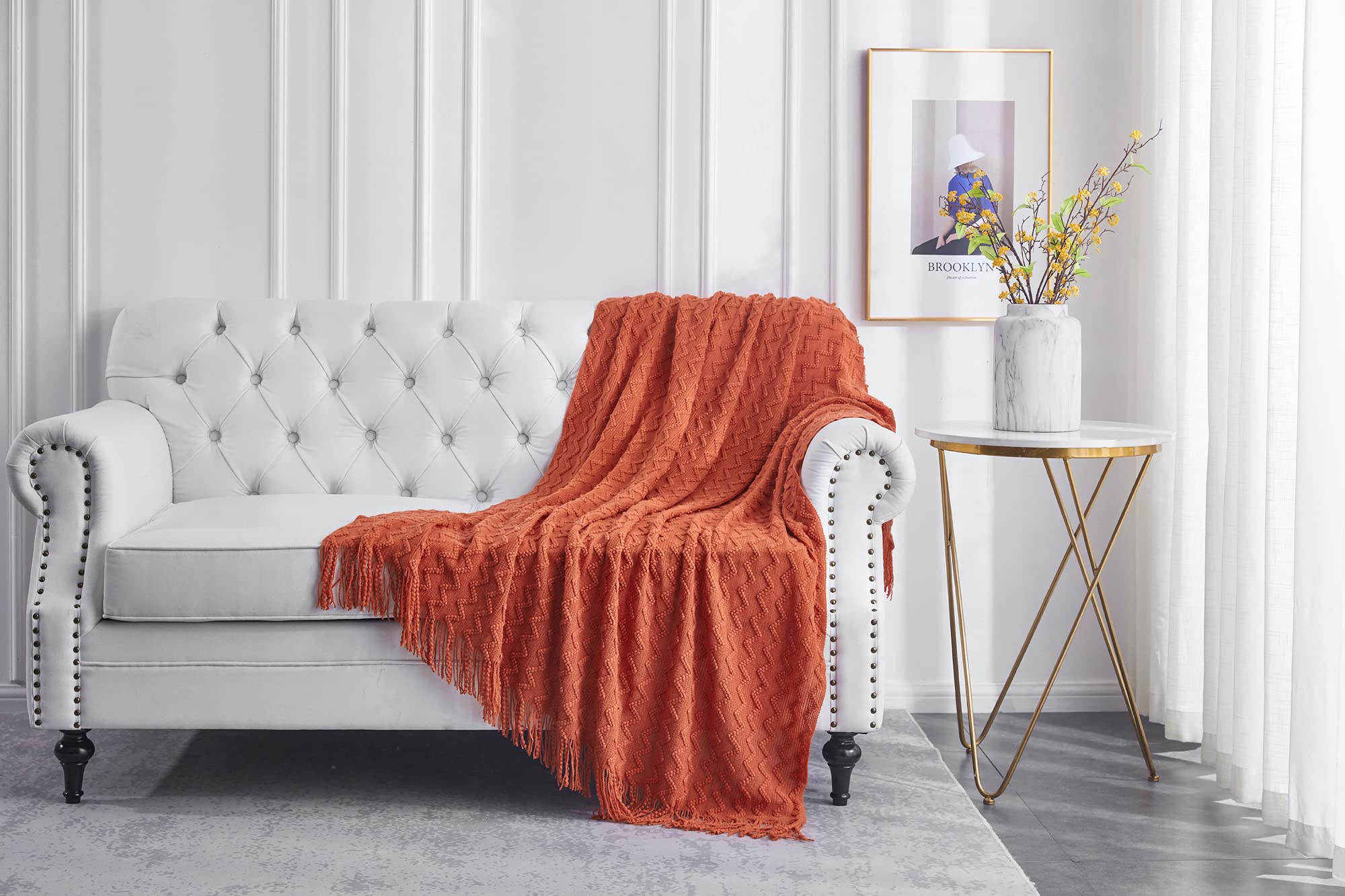 Lunarose Throw Blanket for Couch,Soft Cozy Knit Blanket,Lightweight Decorative Throw for Sofa Chair Bed Travel and Living Room-All Seasons Suitable for Women,Men and Kids (Orange-Wave, 50"x60")