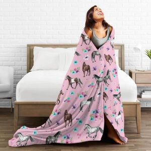 Knsoiv Fashion Flannel Plush Throw Blanket, Horses Flowers Pink Pattern Little Girls Room Watercolor Throw for All Seasons, Warm Air Conditioning Blanket 60"X50"