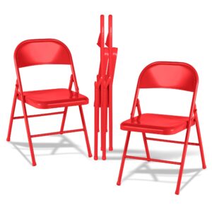 vecelo folding chairs metal frame steel seat with triple braced for home office,no-assembly heavy-duty&stackable space saving, set of 4, true red