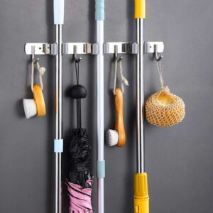 yytong broom and mop holder, wall mounted broom holder, stainless steel mop holder, self adhesive heavy duty hooks storage organizer for laundry room garden garage closet kitchen (3 racks 4 hooks)