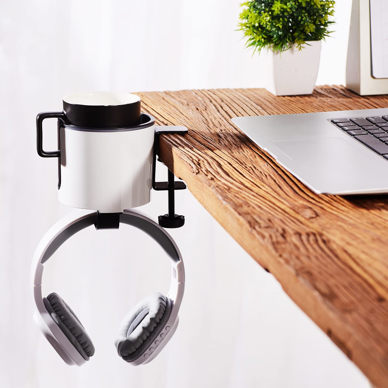 GUNKING Luxury 2-in-1 Anti-Spill Cup Holder with Under Desk Headphone Hanger (White)