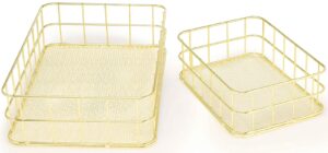 set of 2 nested classic gold mesh wire basket trays for storage and organizing (medium: 9.6” x 6.4”; small: 6.7" ×4.7")