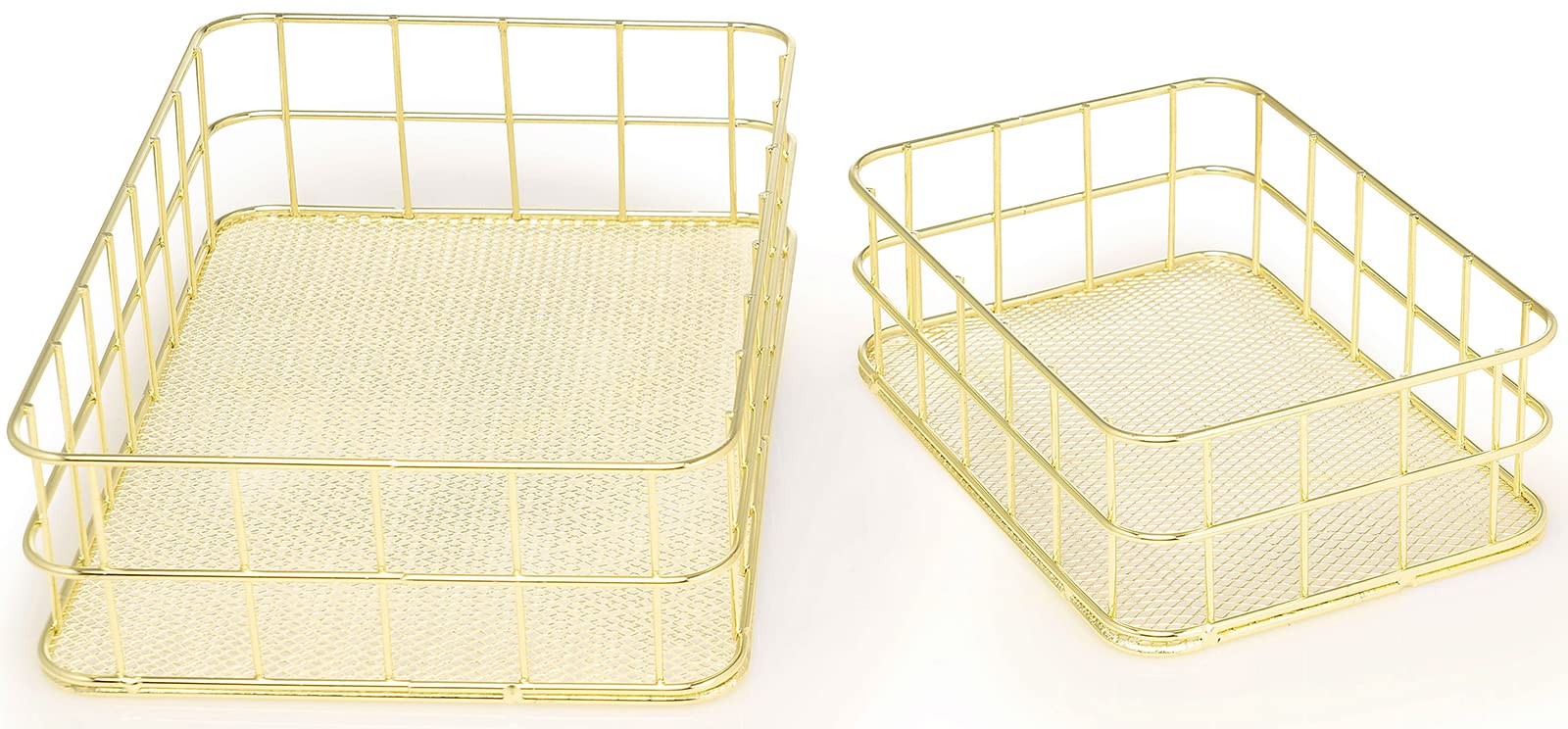 Set of 2 Nested Classic Gold Mesh Wire Basket Trays for Storage and Organizing (Medium: 9.6” X 6.4”; Small: 6.7" ×4.7")