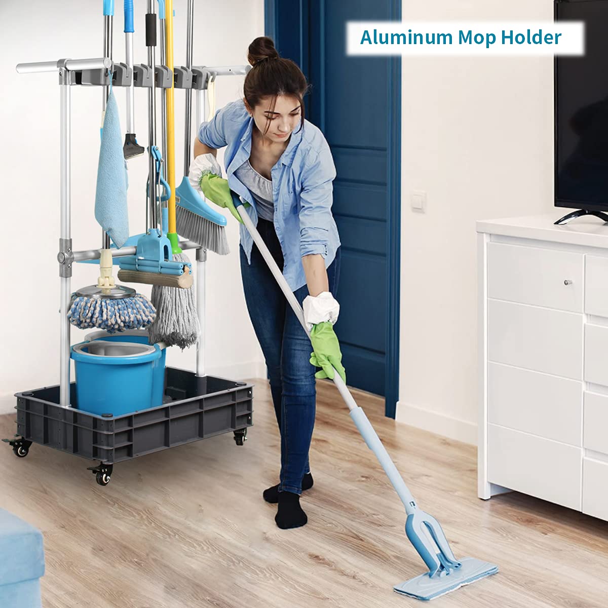 QTJH Broom And Mop Holder Put Wet Mops Movable Floor-Mounted Mop Rack Floor Standing Cleaning Tool Cart Storage For Garden Garage Schools, Hospitals, Factories, Hotels,Property Companies (12racks)