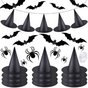 trewave 12pcs black halloween witch hat with 3d spider bat wall decal stickers 100 yards hanging rope, witch costume accessory party favor for halloween party cosplay decoration