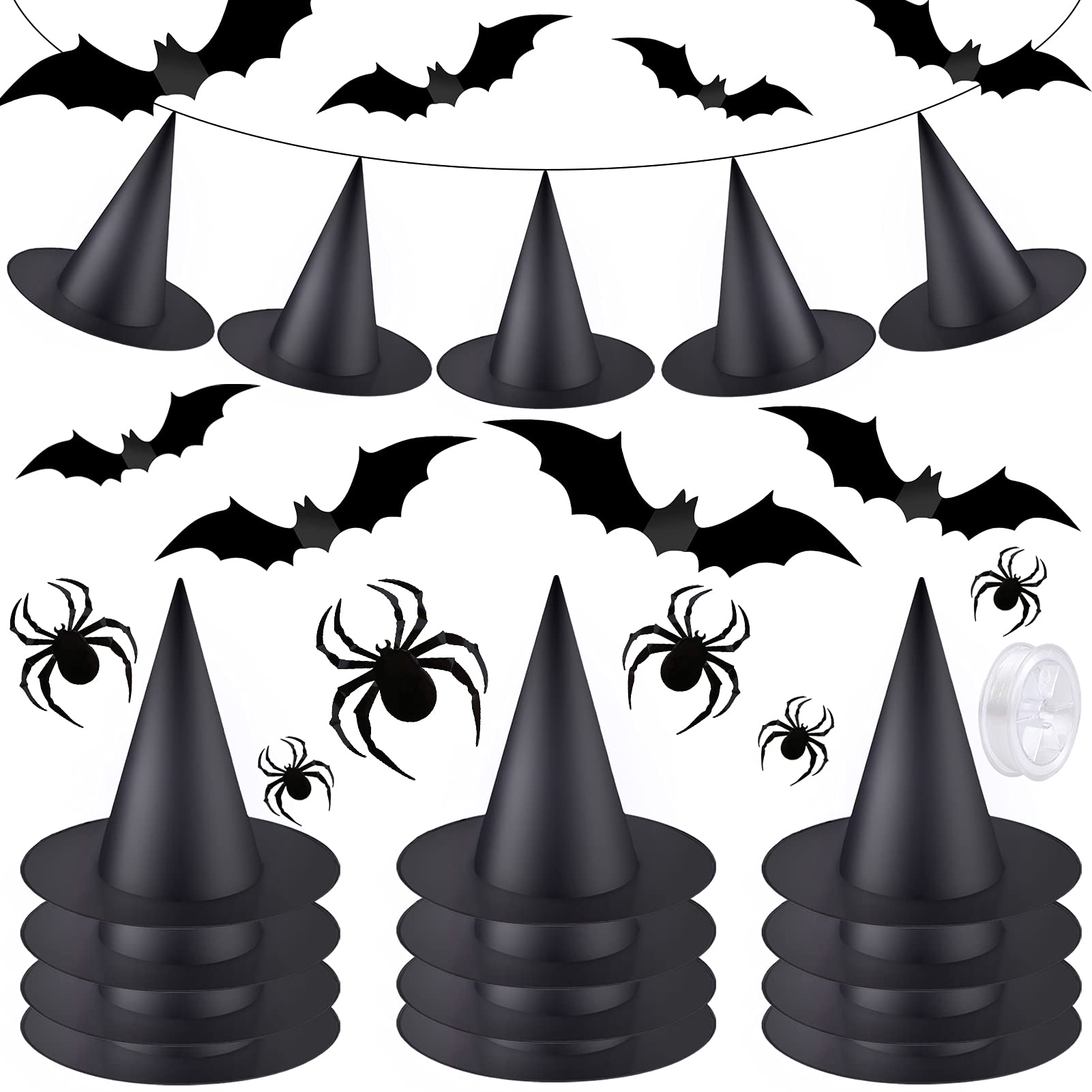 TREWAVE 12PCS Black Halloween Witch Hat with 3D Spider Bat Wall Decal Stickers 100 Yards Hanging Rope, Witch Costume Accessory Party Favor for Halloween Party Cosplay Decoration