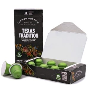 Independence Coffee Co. Nespresso Compatible Capsules, Compostable Plant Based Coffee Pods, Texas Tradition Intense and Full Bodied Espresso Coffee, 10 Count (Pack of 6) - Compatible with Nespresso OriginalLine Espresso Makers