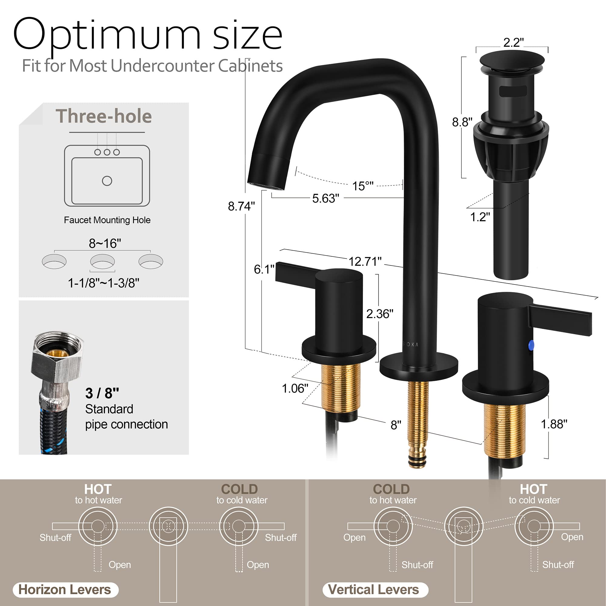 SOKA 8-16 Inch Widespread Bathroom Faucet 2 Handles Matte Black Commercial Sink Touch 3 Pieces Vanity Lavatory 360 Degree Rotating Faucet Pop Up Drain Assembly, Matte Black - L, 8 INCH L - Head