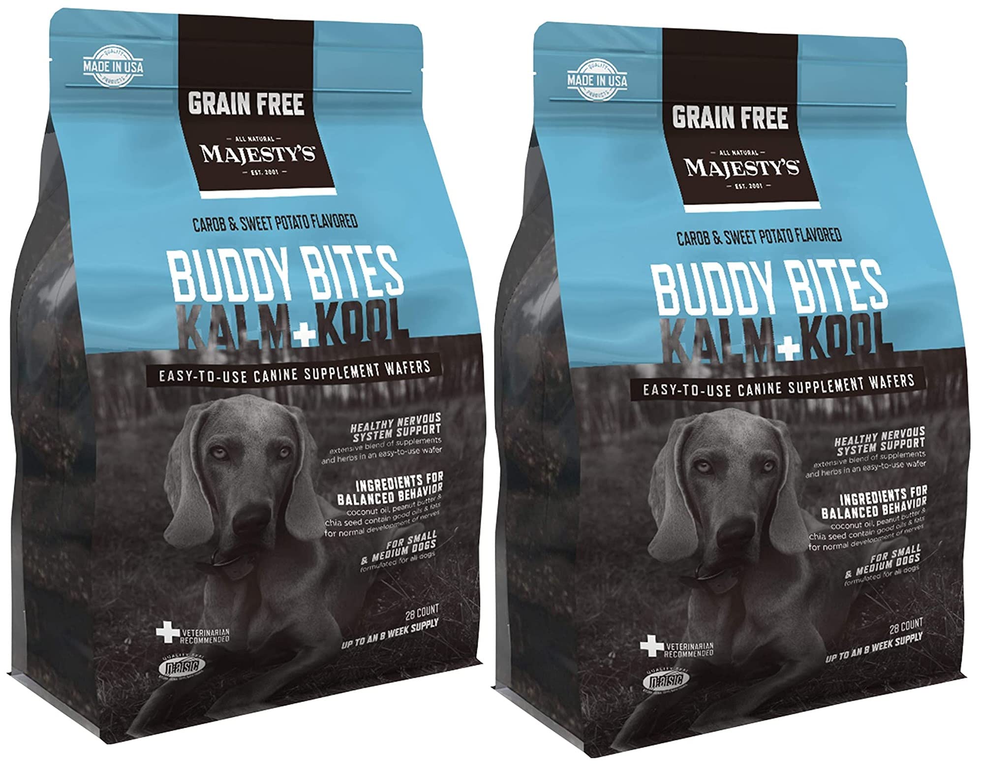 Majesty's Grain-Free Buddy Bites Kalm and Kool Wafers for Small/Medium Dogs - Superior Nervous System Support Supplement - Carob and Sweet Potato Flavored - 28 Count (Up to 8 Week Supply) (2 Pack)