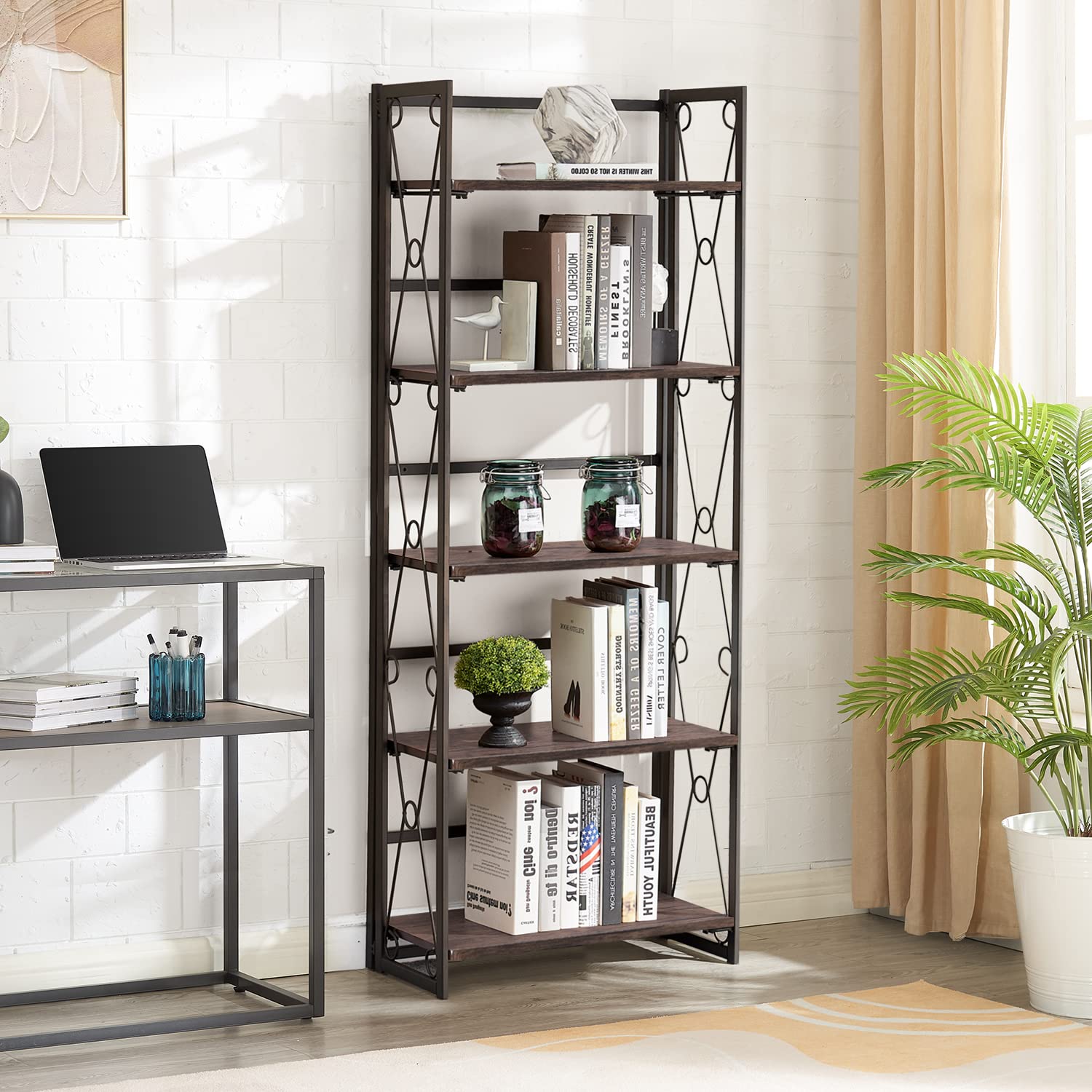 VECELO Bookshelf, 5 Shelf Folding Bookcase No Assembly, Industrial Metal Freestanding Shelves Rack Organizer for Living Room, Office, Bedroom, Kitchen, Set of 2, Dark Brown