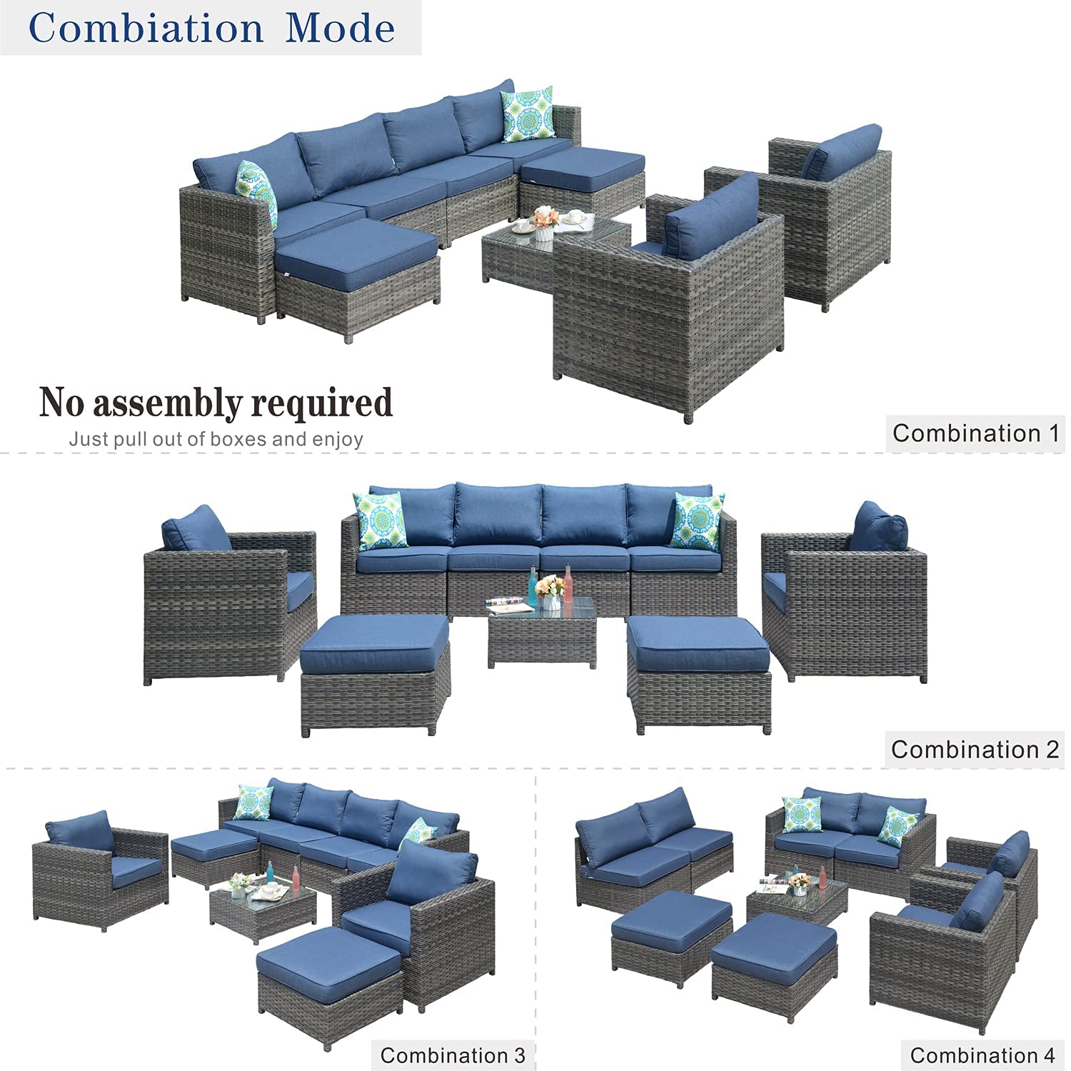 ovios 9 Pieces Patio Furniture Set, Outdoor Wicker Rattan Sectional Sofa Set with Chairs Couch, All Weather Assembled Furniture Set, No Assembly, Grey Wicker, Denim Blue Cushion