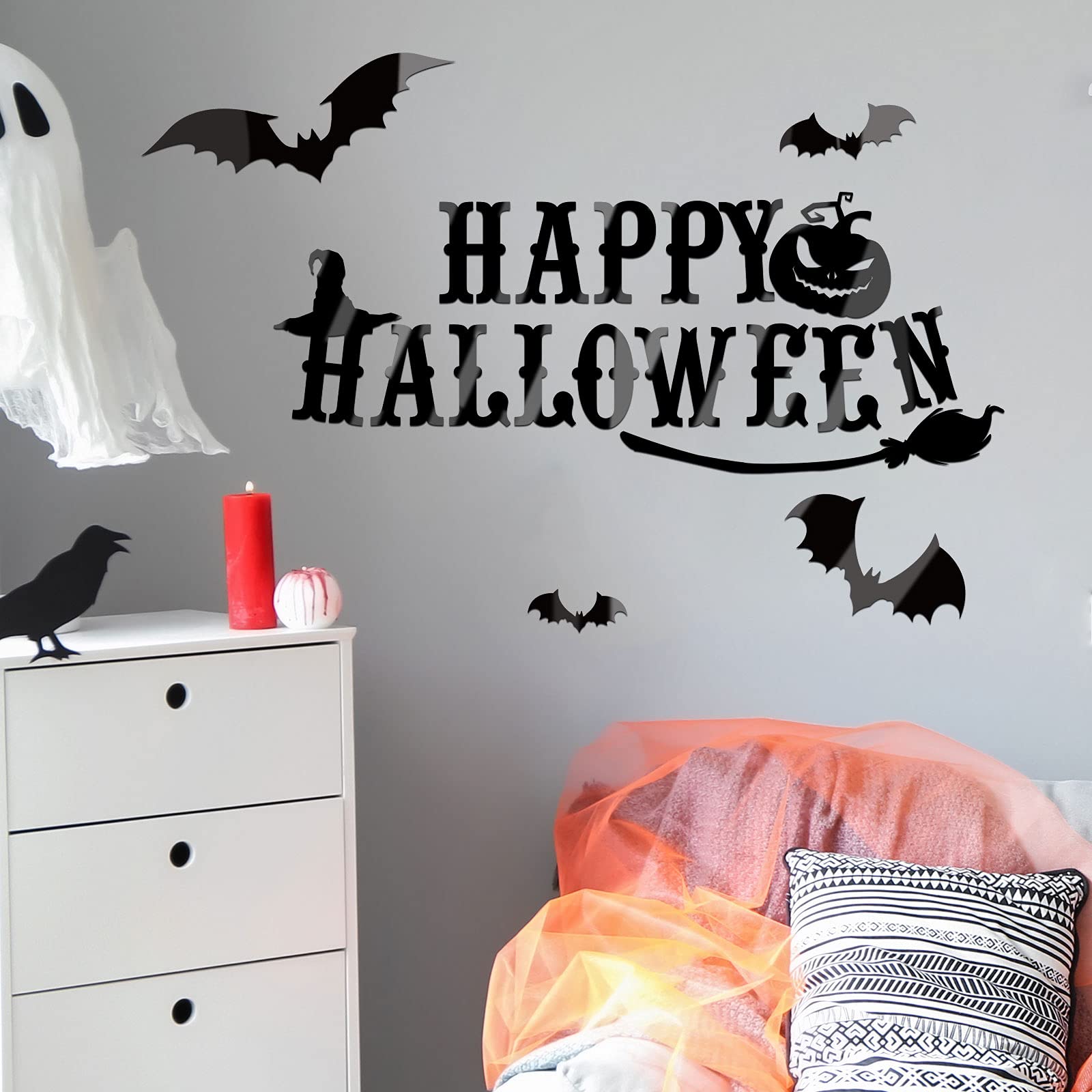 Zonon Halloween Bat Sticker Acrylic Black Bat Pumpkin Wall Decor Halloween Theme Wall Decor for Halloween Party Home Wall Window Bedroom Office Party Decoration Supplies