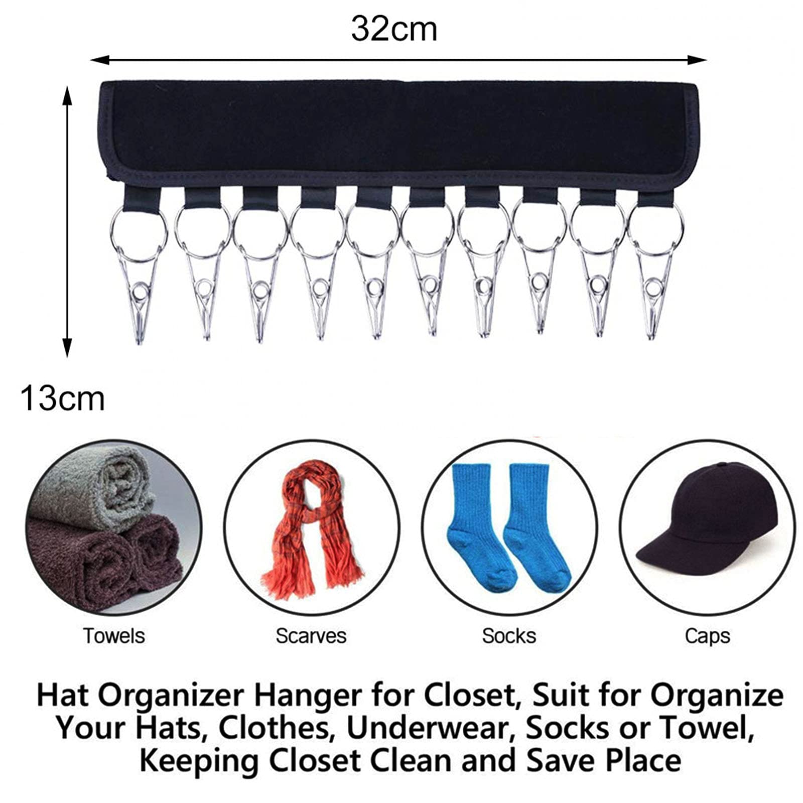 iPstyle Hat Organizer Holder Hat Rack for Hanger Hat Storage, 10 Large Holder Clips to Hang Baseball Ball Caps, Winter Beanie, Glove, Clothes, Socks, Fit All Size Hangers 2 Pack