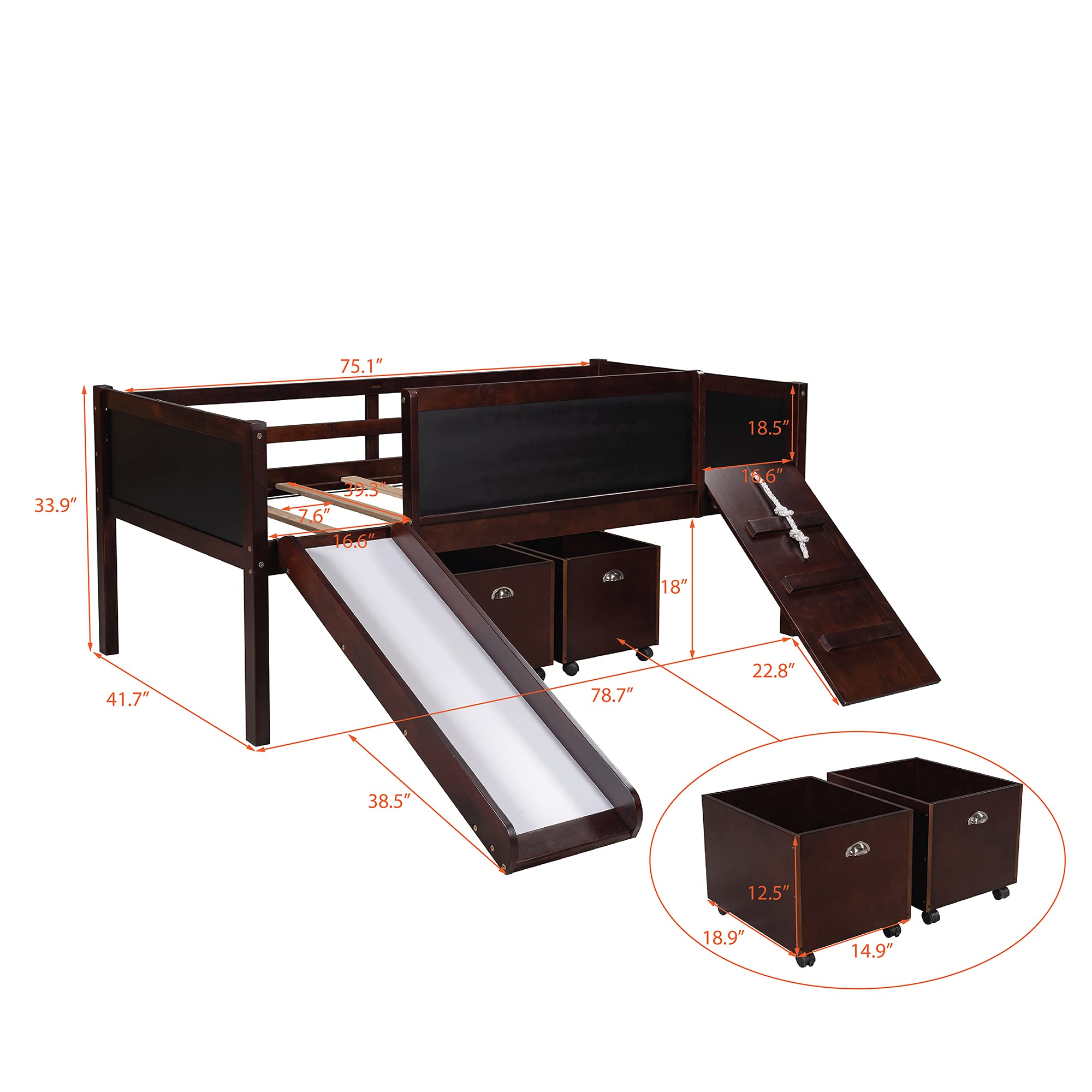 Twin Loft Bed for Kids Toddlers, Wood Low Loft Bed with Slide/Chalkboard/Two Storage Boxes/Climbing Rope/Climbing Frame, 4 Colors for Girls and Boys (Gray+Climbing Frame)