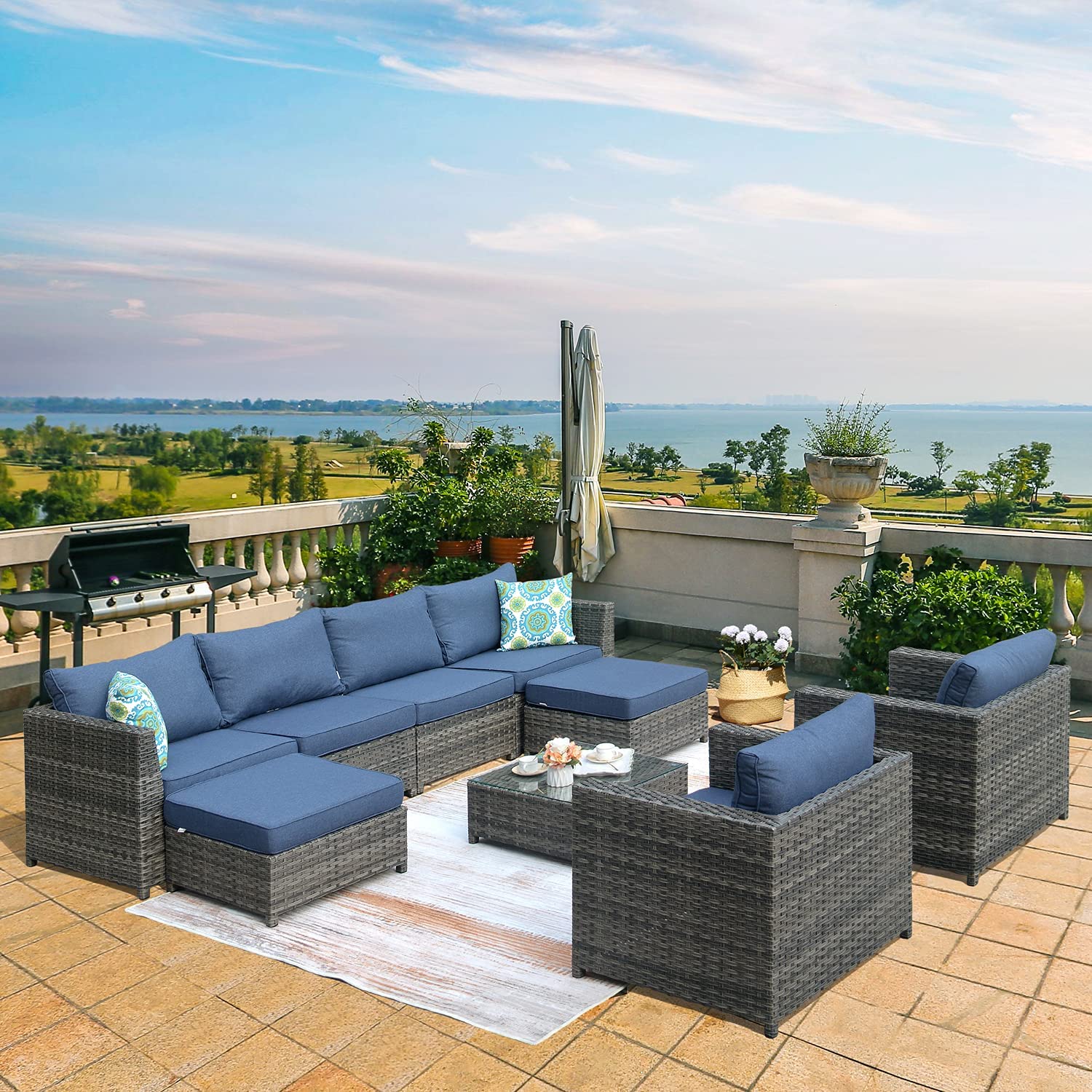 ovios 9 Pieces Patio Furniture Set, Outdoor Wicker Rattan Sectional Sofa Set with Chairs Couch, All Weather Assembled Furniture Set, No Assembly, Grey Wicker, Denim Blue Cushion