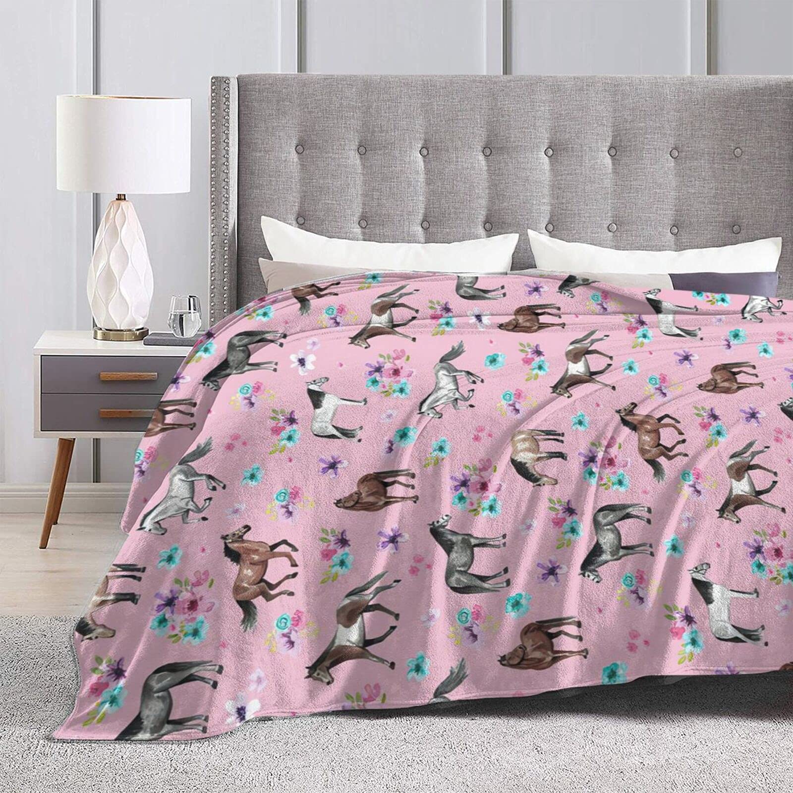 Knsoiv Fashion Flannel Plush Throw Blanket, Horses Flowers Pink Pattern Little Girls Room Watercolor Throw for All Seasons, Warm Air Conditioning Blanket 60"X50"