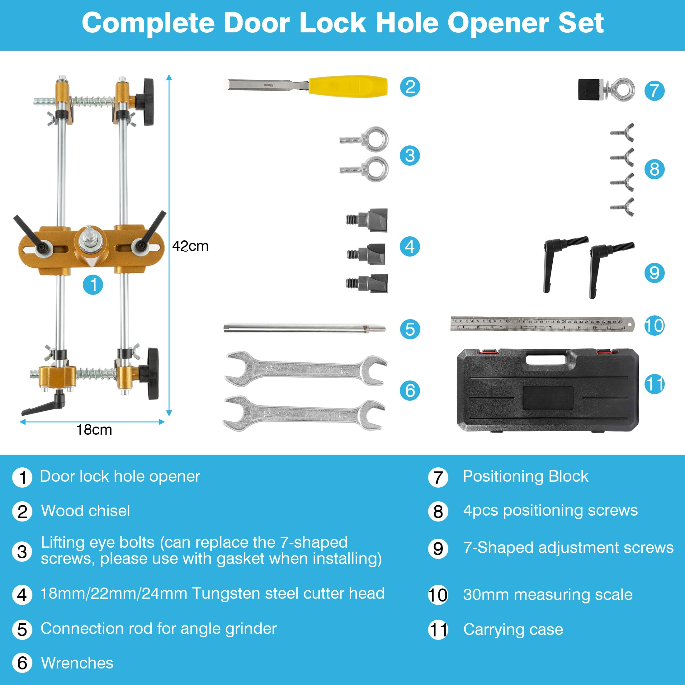 IRONWALLS Mortise Lock Jig, Door Lock Hole Opener Kit for Wooden Door with 3PCS Tungsten Steel Cutter Blade, Mortising Jig Tool Door Mortise Jig, Suitable for Angle Grinder & Electric Hand Drill