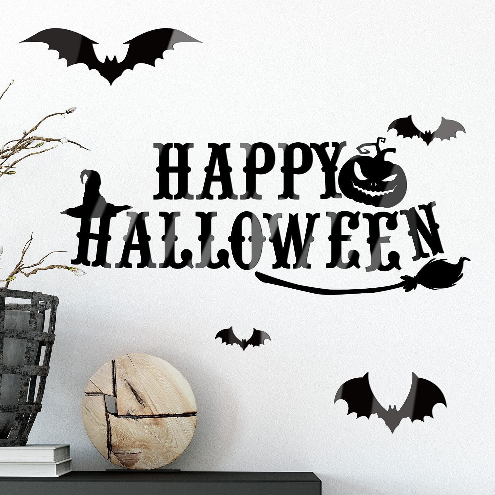 Zonon Halloween Bat Sticker Acrylic Black Bat Pumpkin Wall Decor Halloween Theme Wall Decor for Halloween Party Home Wall Window Bedroom Office Party Decoration Supplies