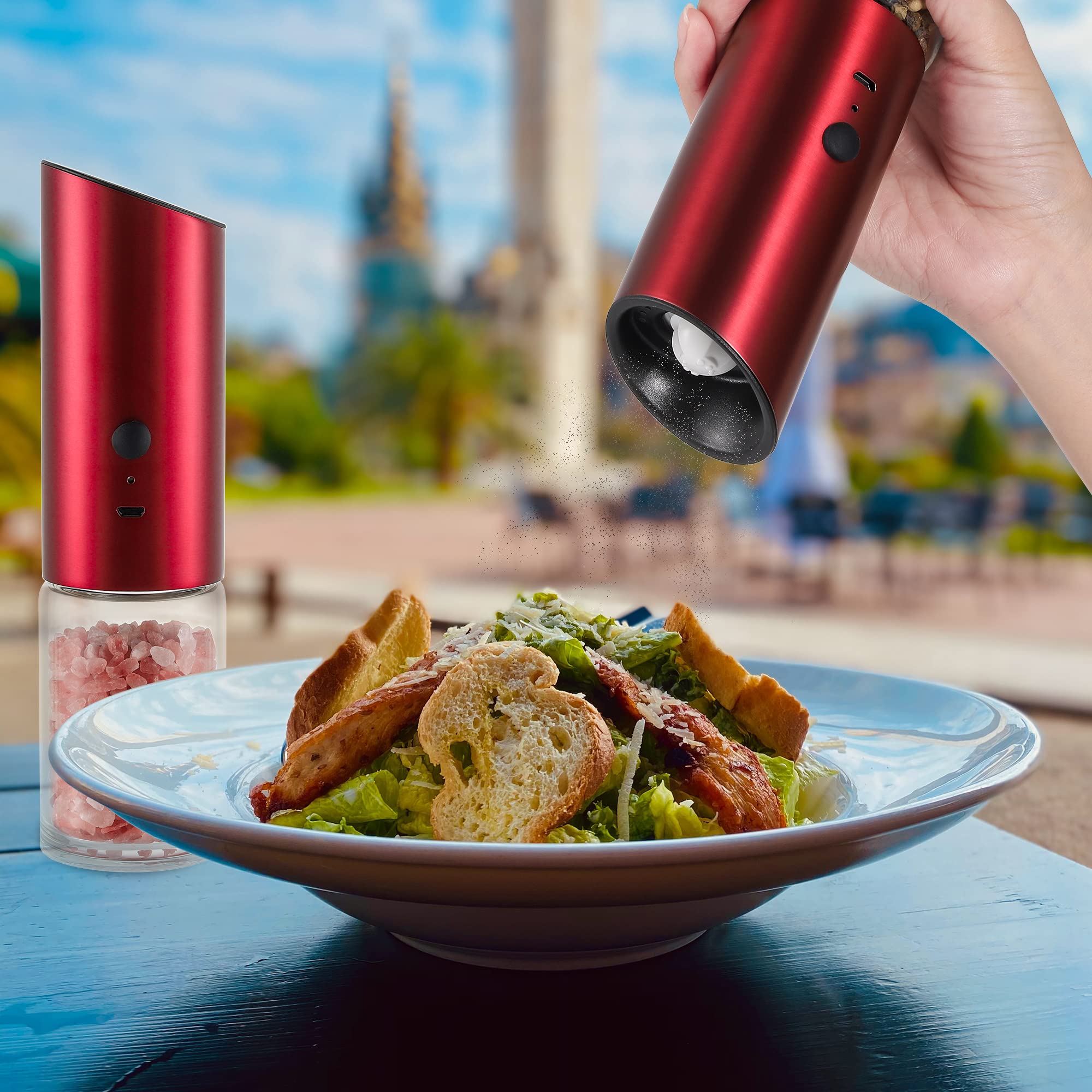 Vzaahu Gravity Electric Pepper and Salt Grinder Set of 2 - Rechargeable, Refillable, Adjustable Coarseness, Stainless Steel Salt Pepper Mill with LED light - One Hand Operation (Red)