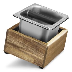 navaris coffee knock box - stainless steel and wood bin for espresso machine coffee grounds - with silicone bar for knocking portafilter filter grinds