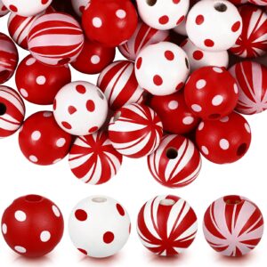 100 pieces candy cane wooden beads 0.63 inch christmas dotted striped, colorful round spacer natural farmhouse craft beads with hole for diy craft supplies holiday 4 colors (red)