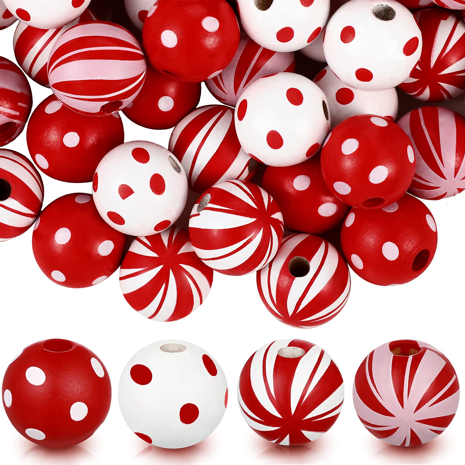 100 Pieces Candy Cane Wooden Beads 0.63 Inch Christmas Dotted Striped, Colorful Round Spacer Natural Farmhouse Craft Beads with Hole for DIY Craft Supplies Holiday 4 Colors (red)