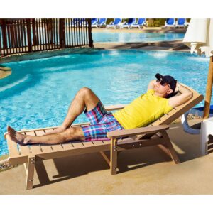 Hitwby Chaise Lounge Outdoor, 5 Adjustable Lounge Chair, Support up to 350 lbs, Reclining All Weather Poly Lumber Chairs for Poolside, Porch, Patio, Light Brown, 77L 22W 17H