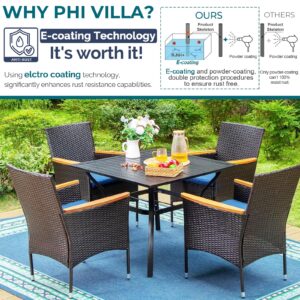 PHI VILLA 6 pcs Patio Dining Set with Umbrella(Navy Blue),1 Square Metal Table, 4 Outdoor All Weather PE Rattan Chairs & 1 10ft 3 Tier Auto-tilt Umbrella (Base Not Included)