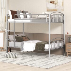 twin over twin metal bunk beds, convertible bunk bed divided into two beds for kids boys girls teens, silver