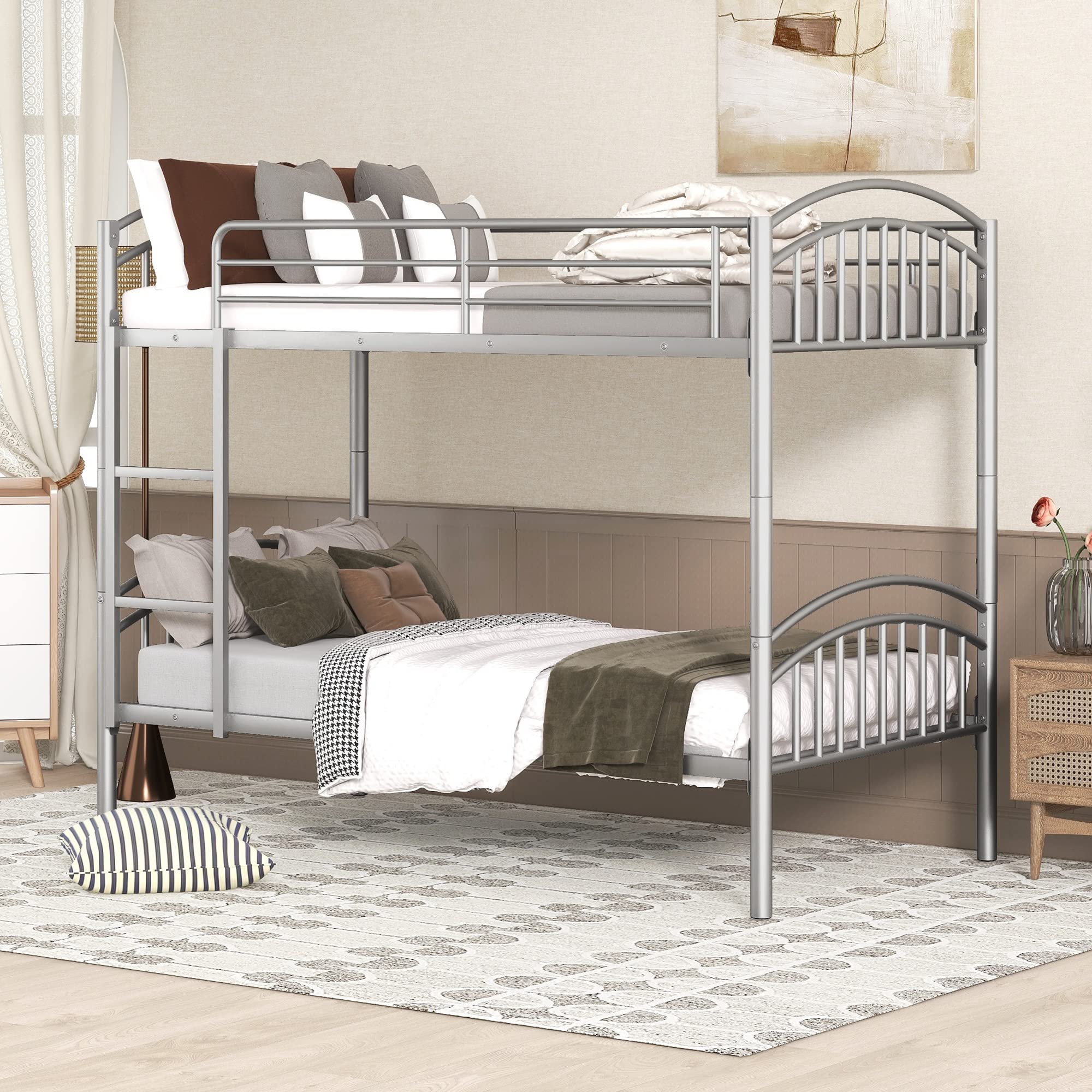 Twin Over Twin Metal Bunk Beds, Convertible Bunk Bed Divided into Two Beds for Kids Boys Girls Teens, Silver