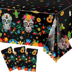 3 pieces day of the dead plastic tablecloth dia de los muertos sugar skull floral table cloth disposable rectangle table cover for halloween mexican fiesta birthday coco party supplies, 54 x 108 inch