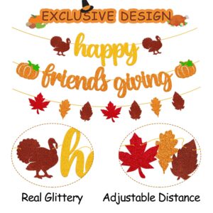 Happy Friends Giving Banner Fall Leaves Garland Thanksgiving Day Autumn Turkey Theme for Happy Friendsgiving Party Glitter Gold Decorations