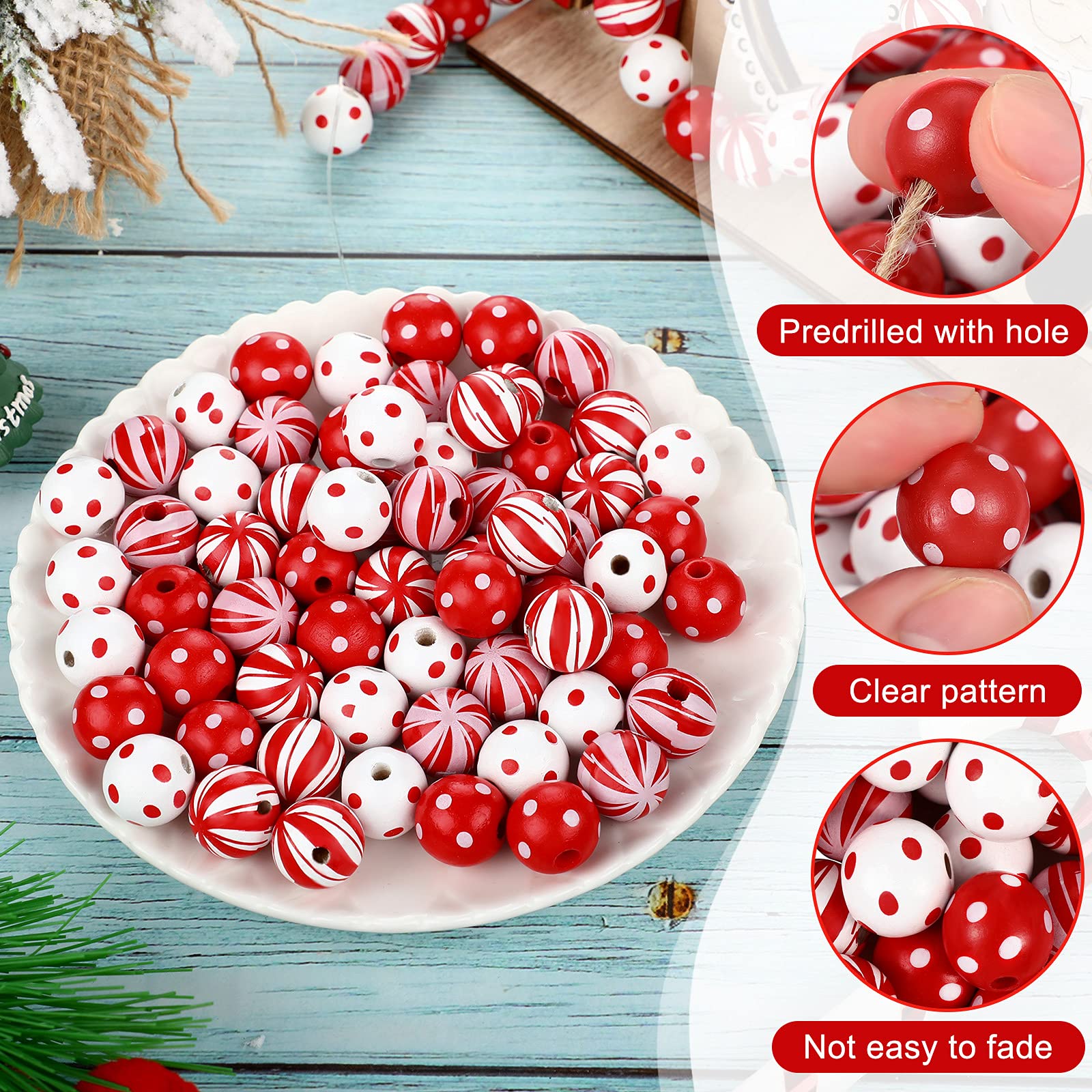 100 Pieces Candy Cane Wooden Beads 0.63 Inch Christmas Dotted Striped, Colorful Round Spacer Natural Farmhouse Craft Beads with Hole for DIY Craft Supplies Holiday 4 Colors (red)